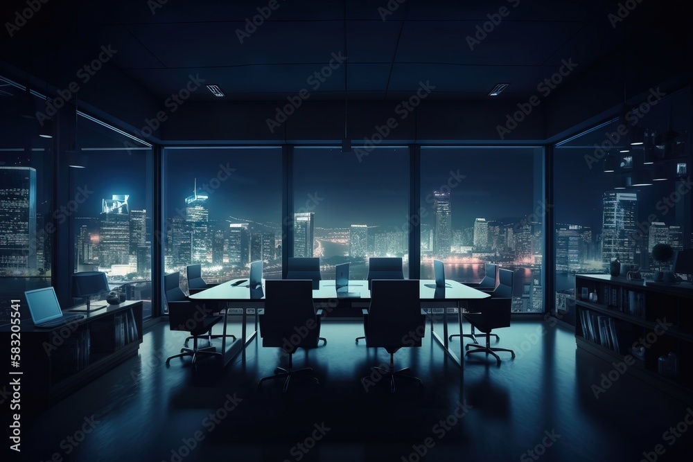 a conference room with a view of a city at night time, with a table and ...