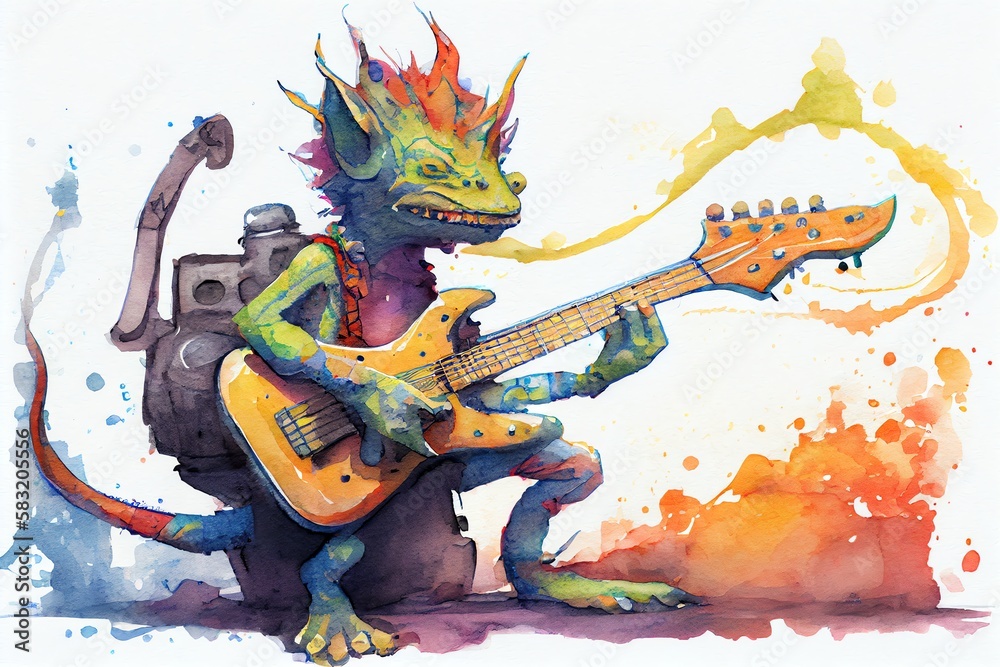 Watercolor Illustration of a Colourful Fun Alien Guitarist. Generative ...