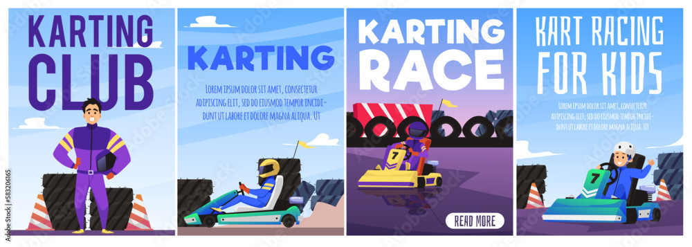 Posters or flyers for karting club and kart races, flat vector ...