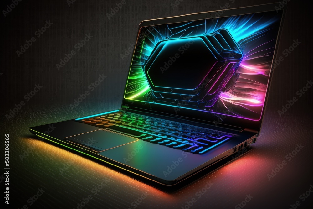 Gamer laptop illustration, colorful neon lights, black background ...