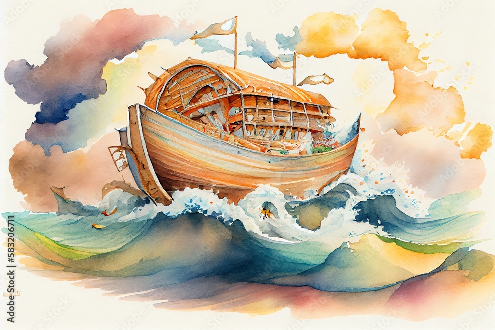 Watercolor Illustration of a NoahS Ark Boat In The Genesis Flood ...