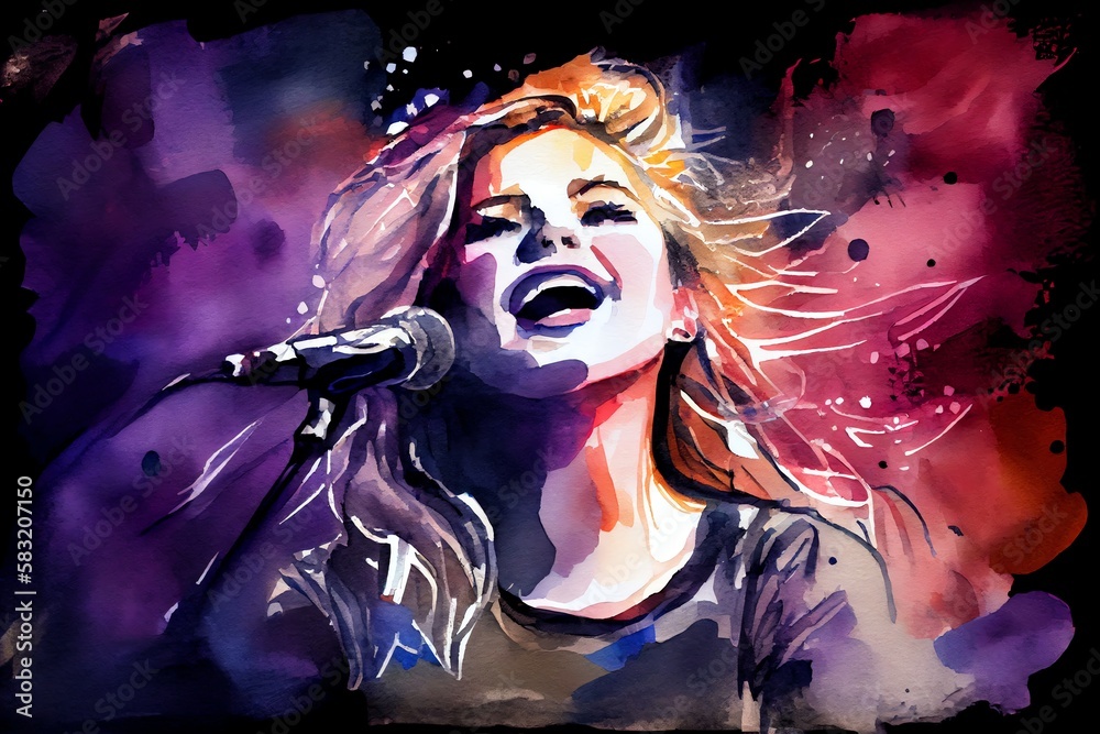 Watercolor Illustration of a Portrait Of Young Female Singer On Stage ...