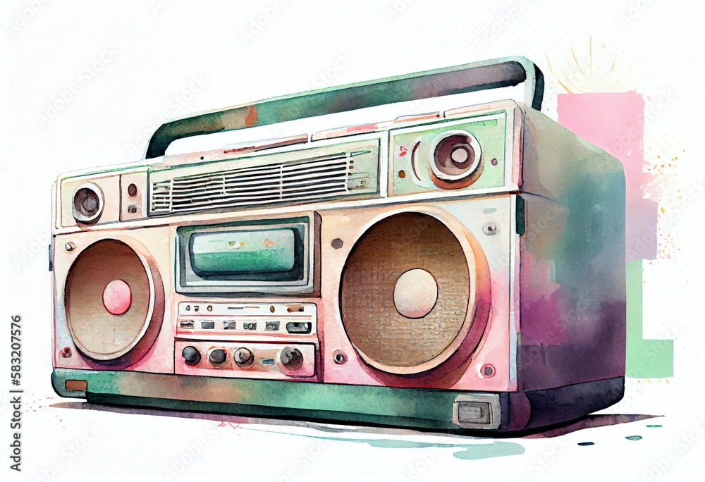 Watercolor Illustration of a Retro Radio Stereo Boombox System Design ...