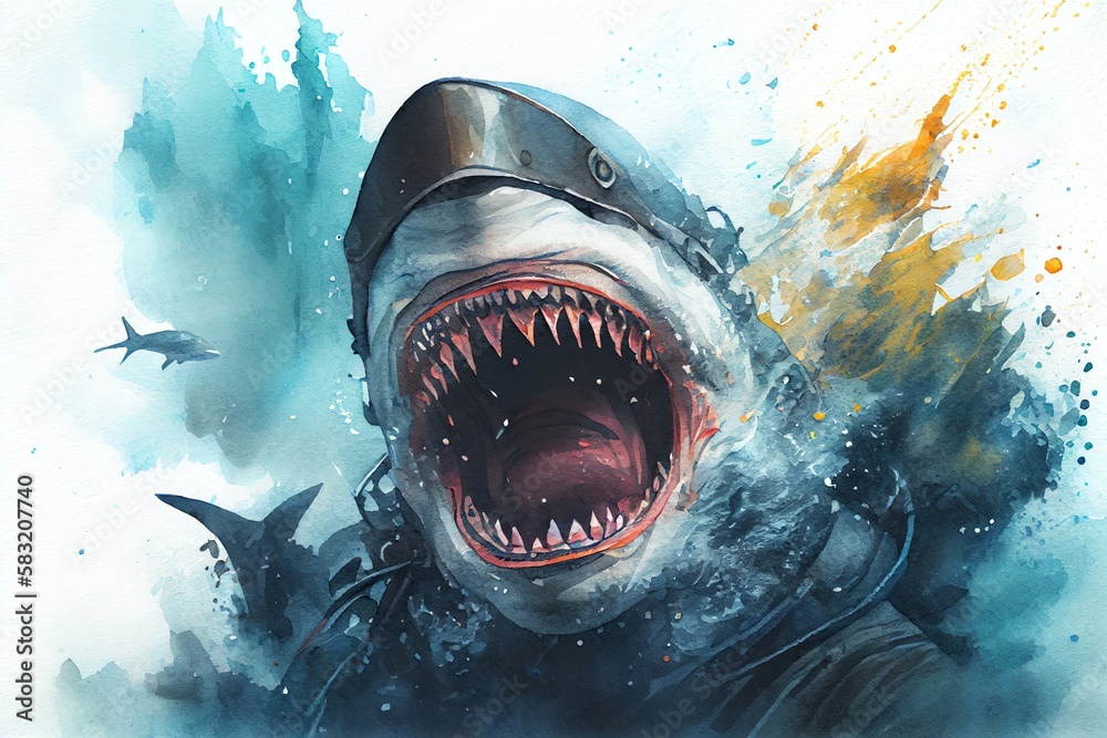 Watercolor Illustration of a Shark Attacks Scuba Diver Underwater, Open ...