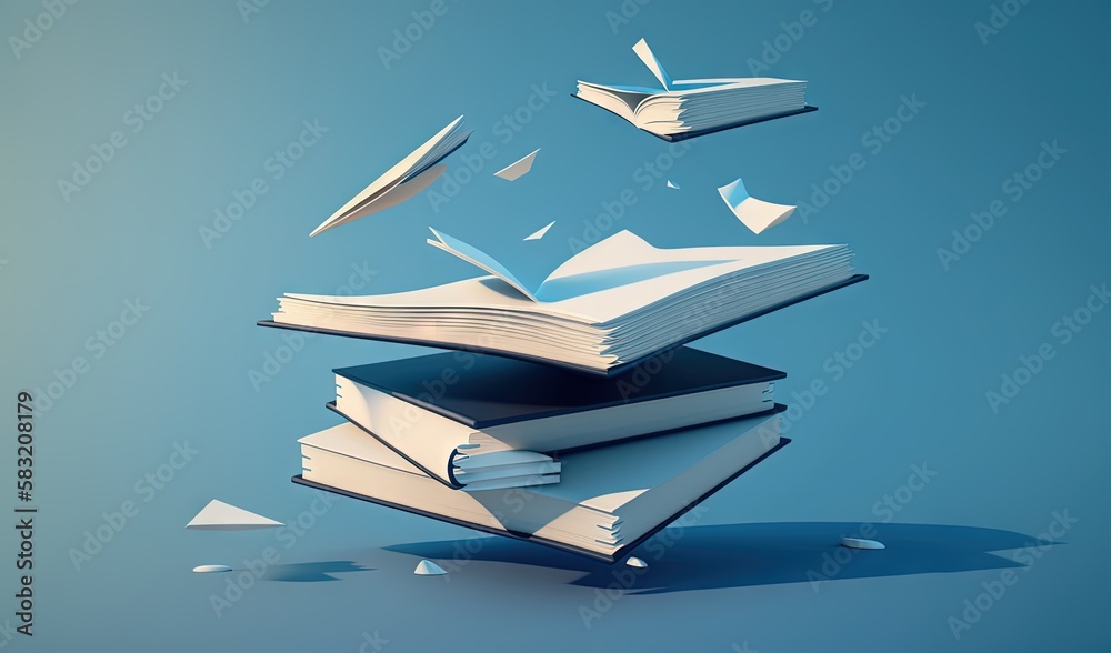a stack of books flying through the air with a book flying out of it's ...