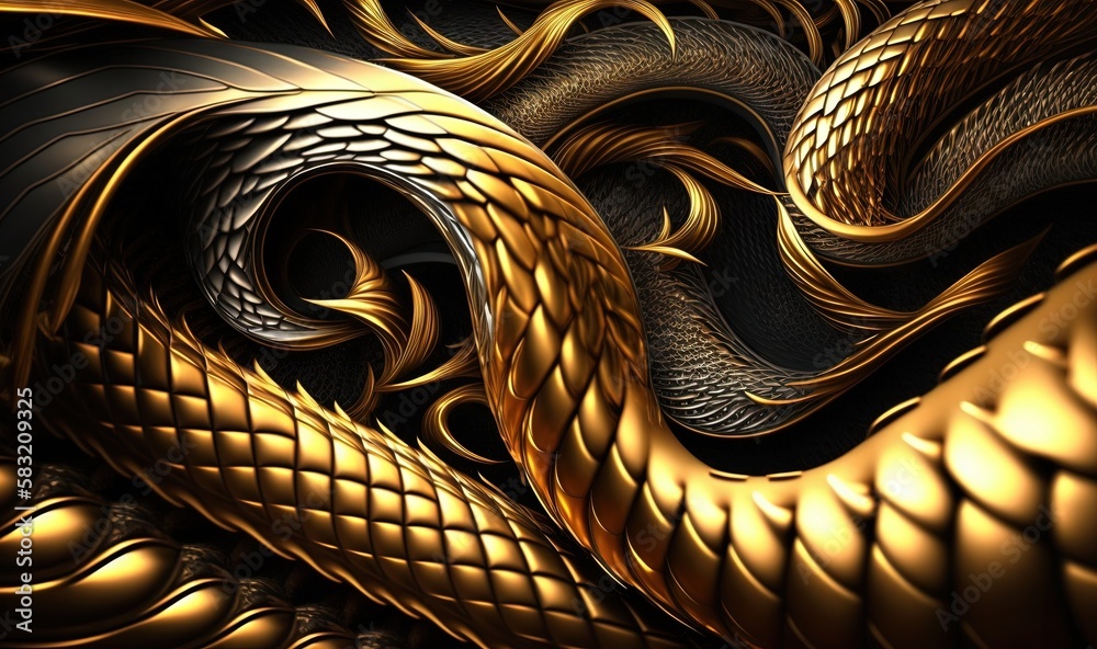 a gold and black snake pattern with a black and gold background and a ...