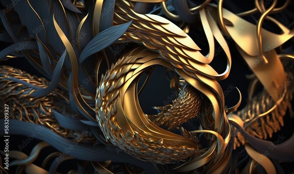 a computer generated image of a gold and black dragon with large wings ...