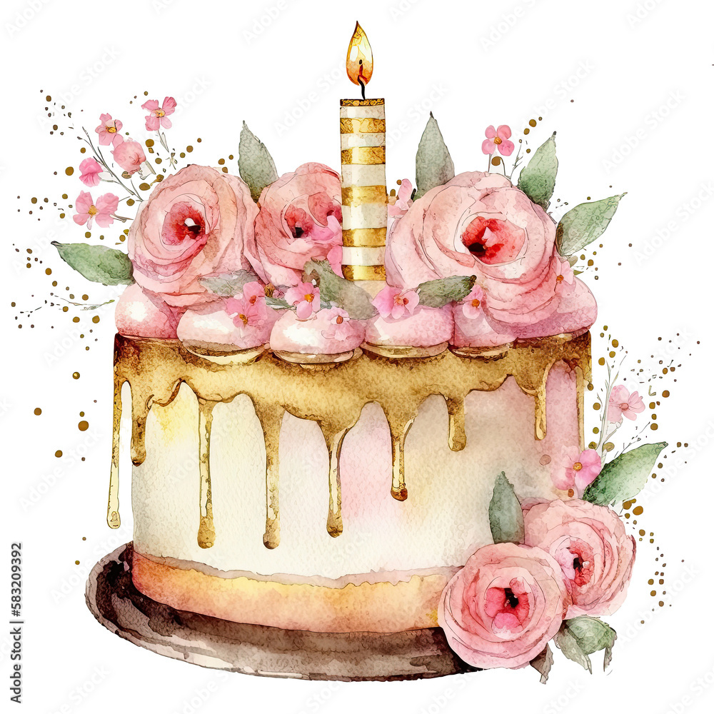 Watercolor Birthday Cake. Illustration AI Generative Stock Illustration ...