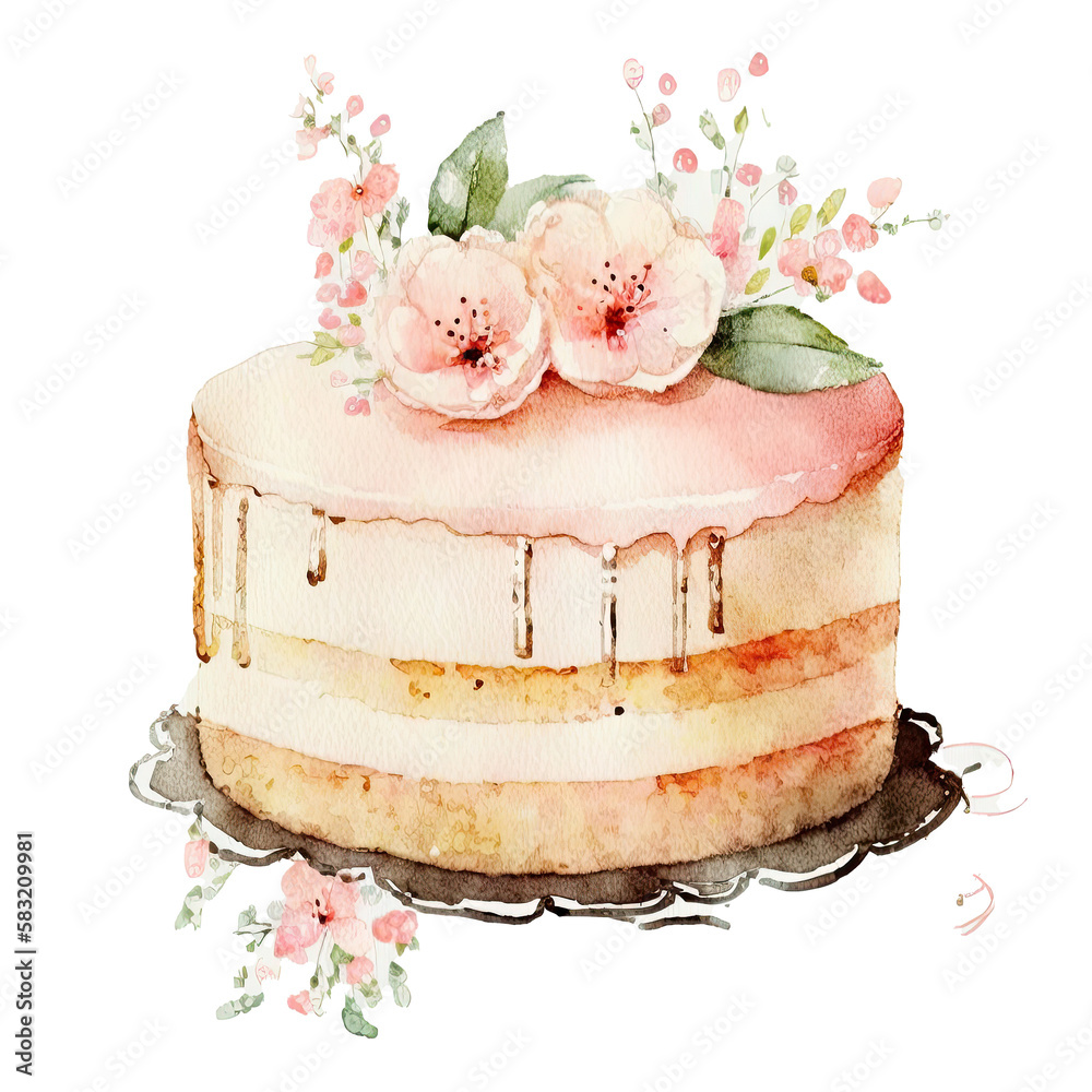 Watercolor Birthday Cake. Illustration AI Generative Stock Illustration ...