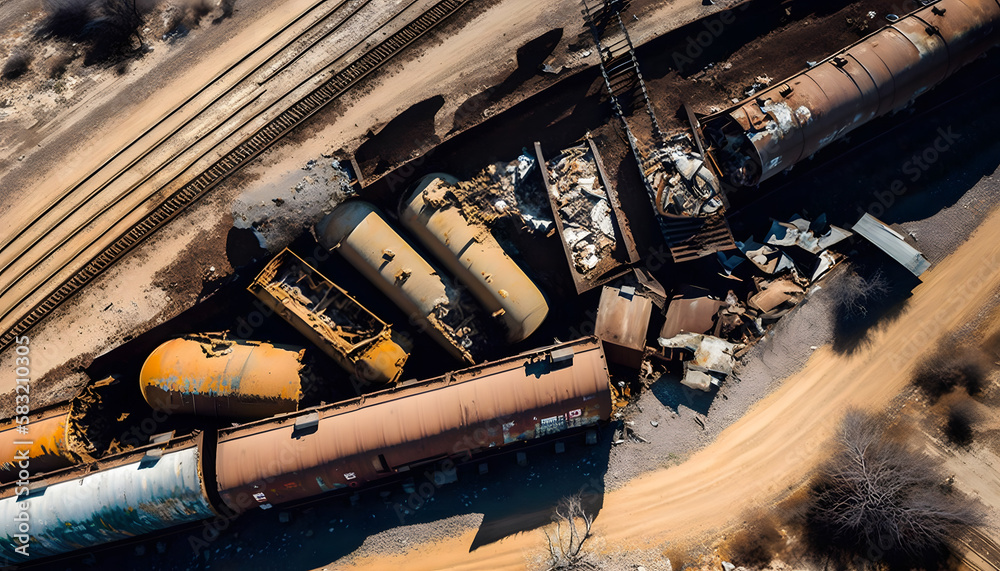 Tanks burning fire with pesticides. Wagons freight train carrying ...