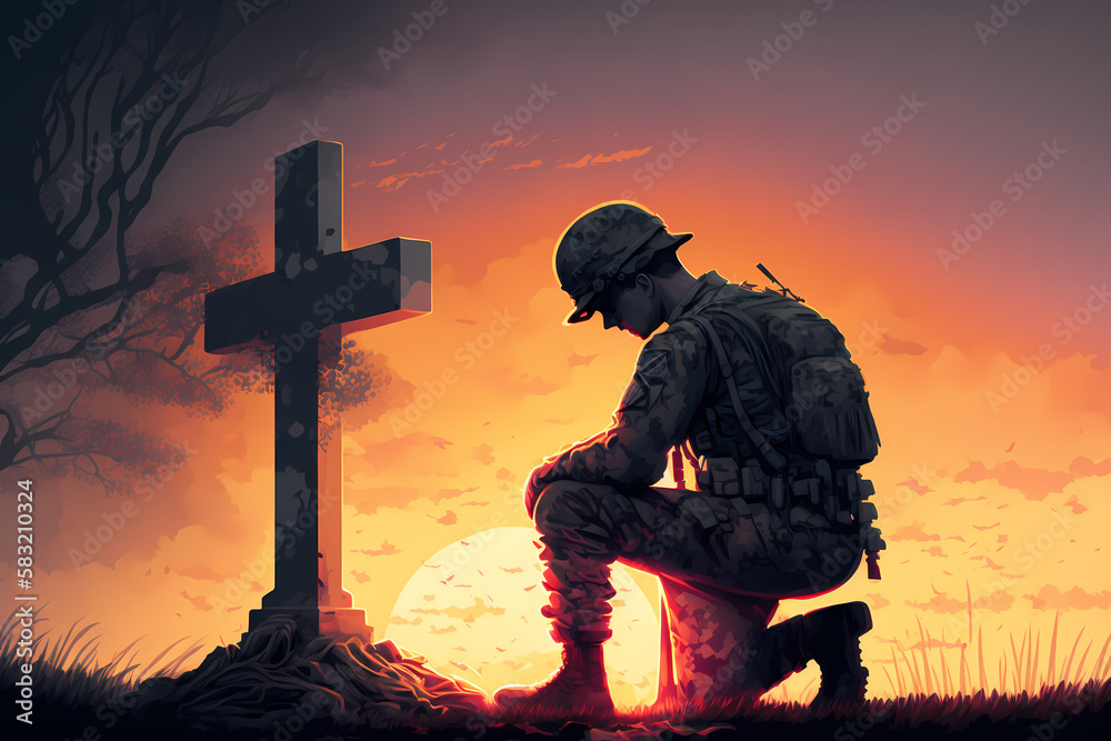 Military man kneeling of grave fallen soldier, sunset. Concept veteran of war. Generation AI ...