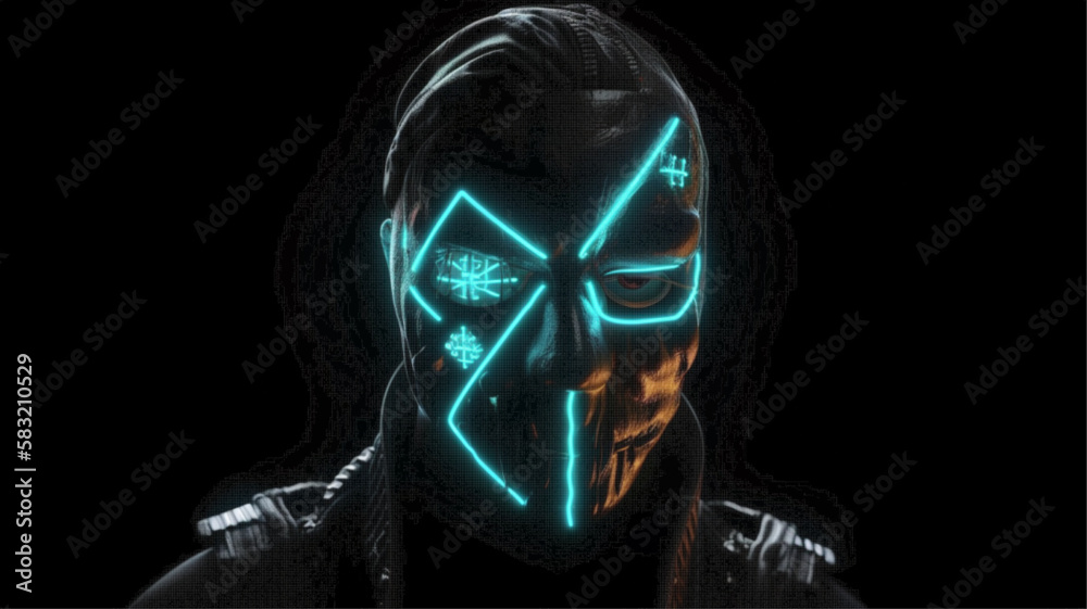 Cyberpunk man in a black leather mask with glowing blue neon elements ...