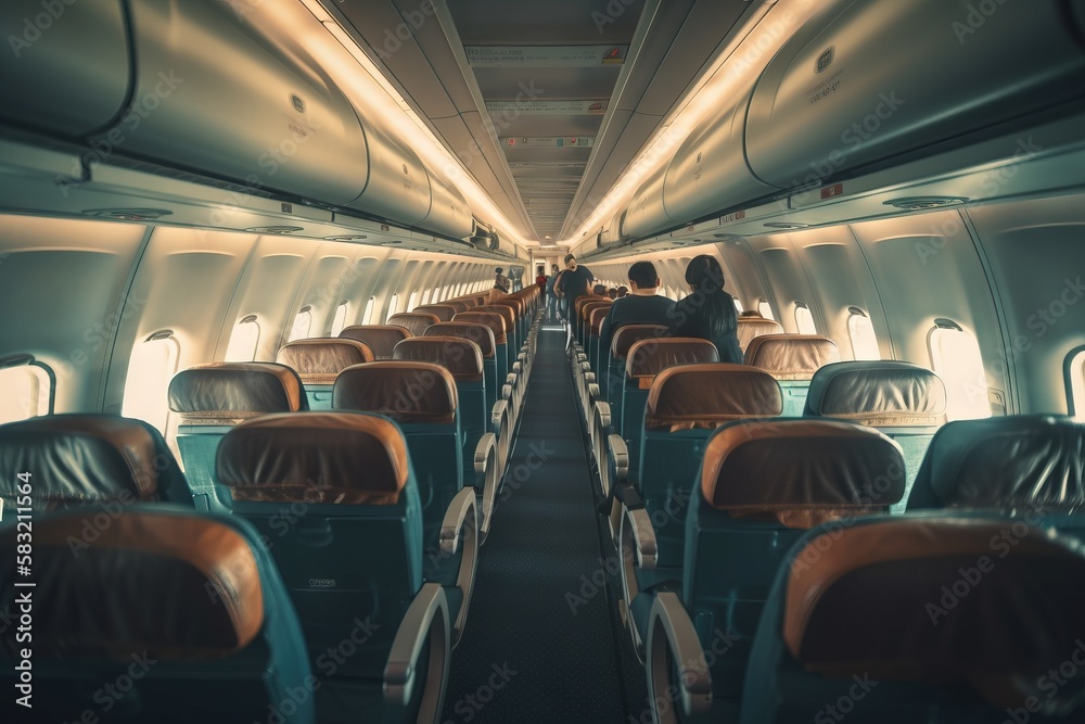 a view of an airplane's interior from the back of the plane, looking ...