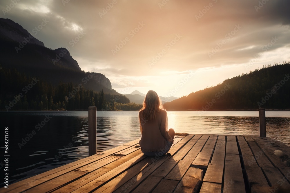 a woman sitting on a dock looking out at the water and mountains in the ...