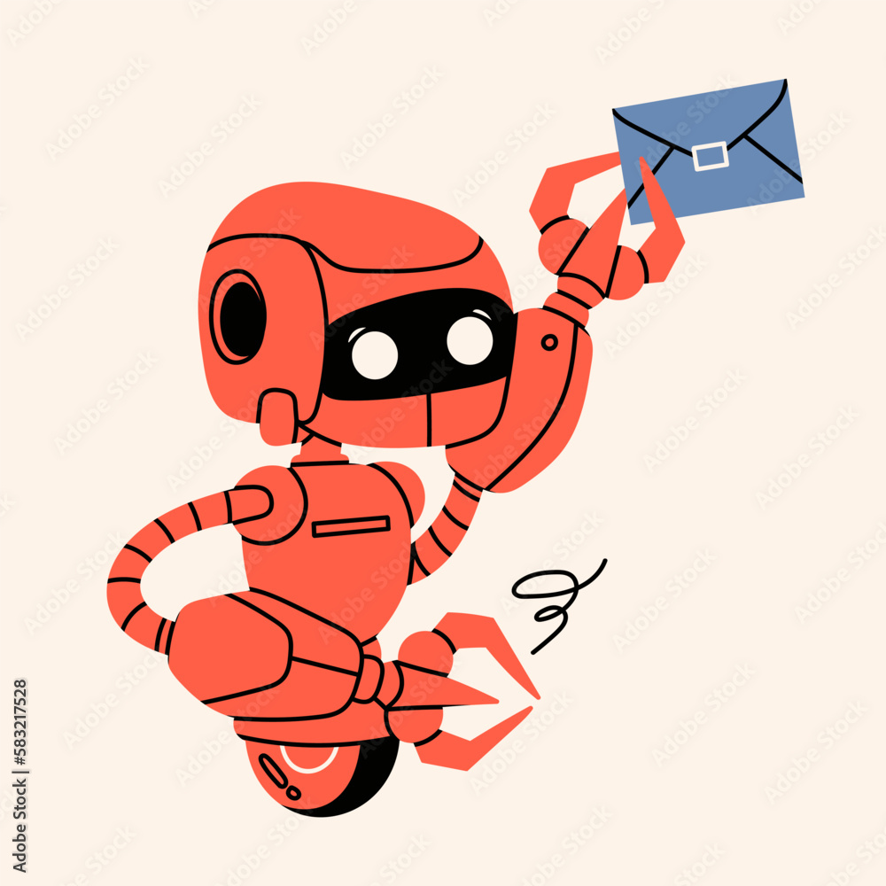 Red Robot on mono wheel holding mail. Cute artificial robotic character ...