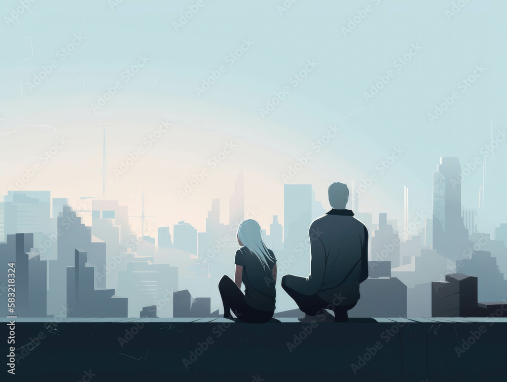 A man and woman sitting on the edge of a roof looking out over a city ...