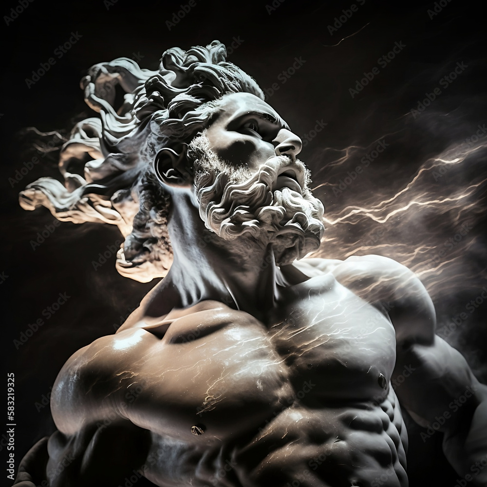 Extremely detailed statue of Zeus with thunder , black background ...