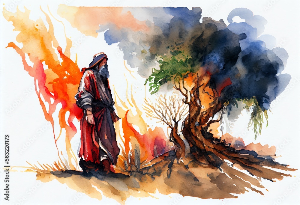 Watercolor Illustration of a Moses And The Burning Bush Art. Generative ...