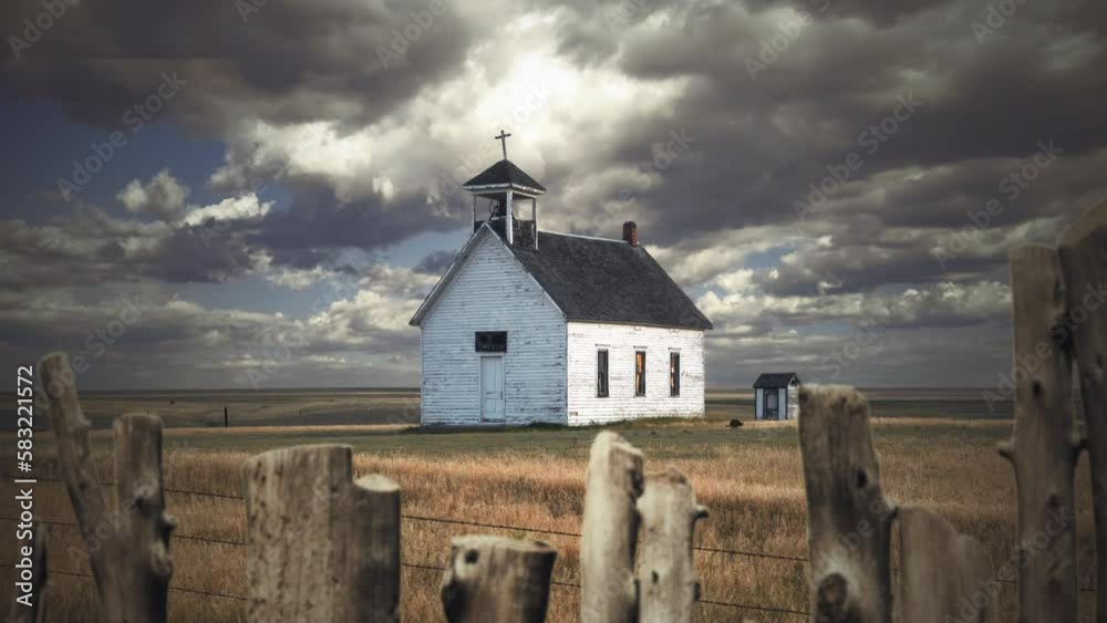 Isolated Church House Field Cloudy Sky Zoom In Fence. Zoom in through a ...