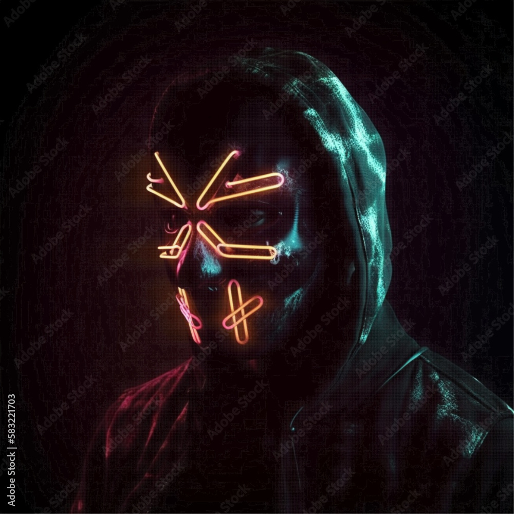 Cyberpunk man in a black leather mask with glowing orange neon elements ...