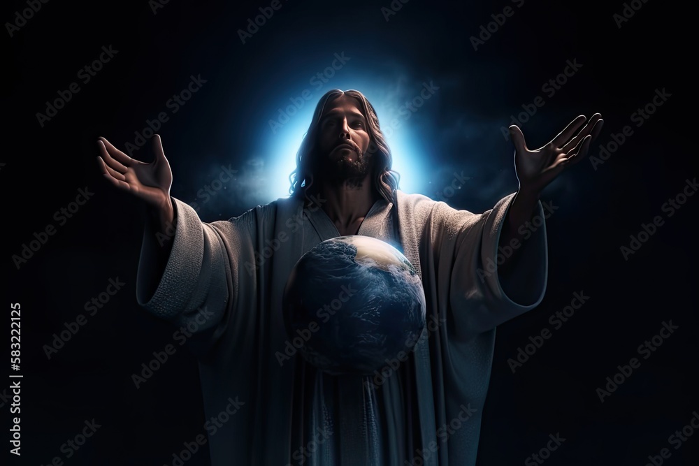 Jesus Christ Watch Over Earth Globe With Open Hands Stock Illustration ...