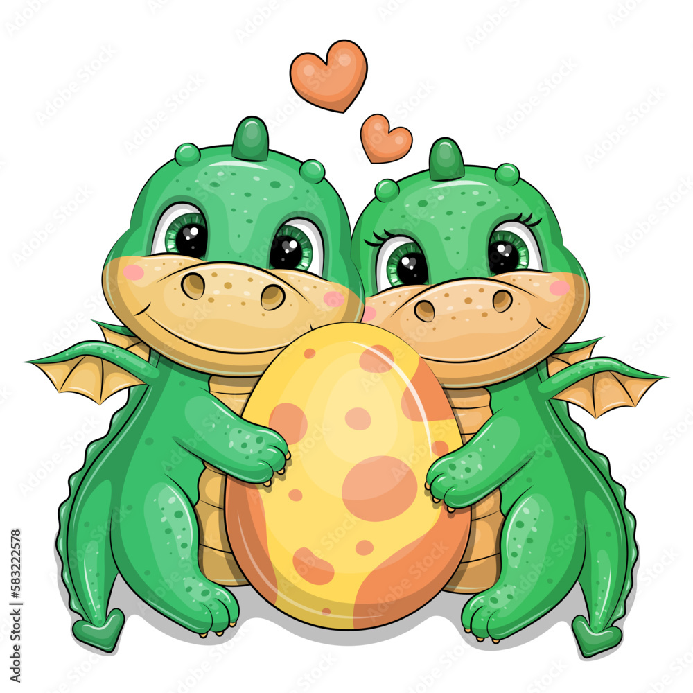 Cute cartoon couple of green dragons hugging an egg. Animal family ...