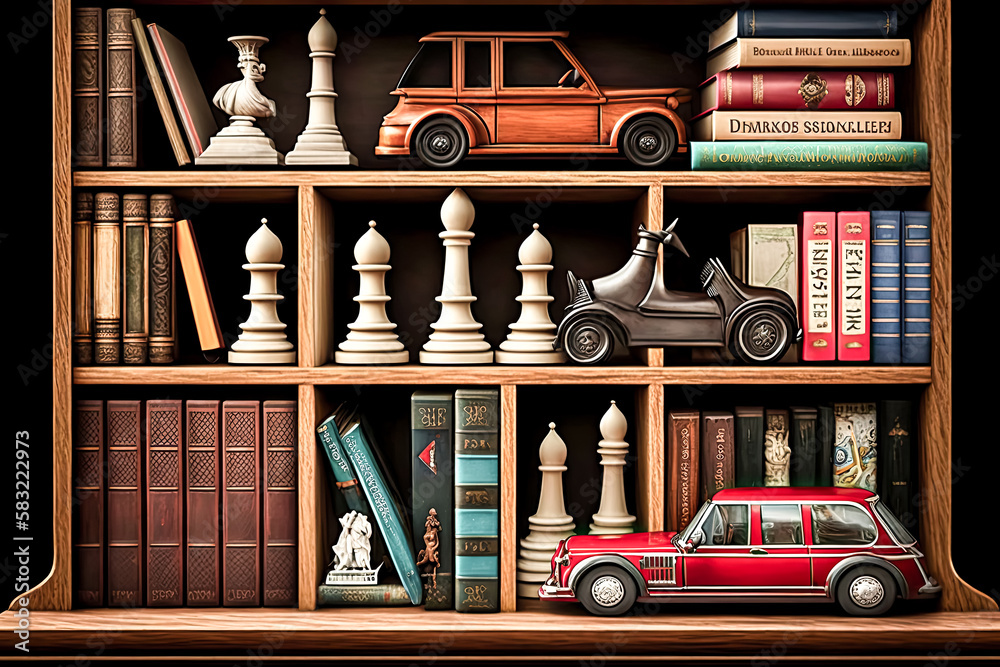 A shelf filled with books, chess games, and other items united together ...