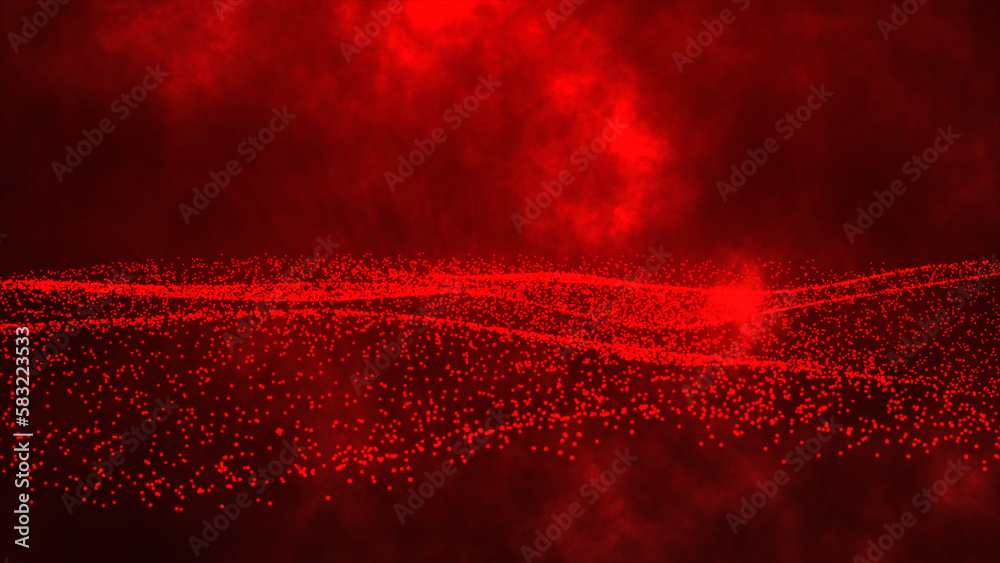 Red color particles dots wave flowing over dark. 3d rendering. Flowing ...
