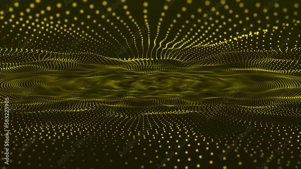 Abstract yellow background 3D wave lines flowing particles smooth curve ...