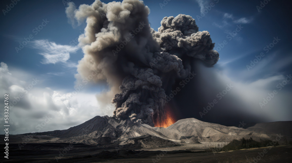 volcanic eruption with ash ejection into the air and lava flows ...