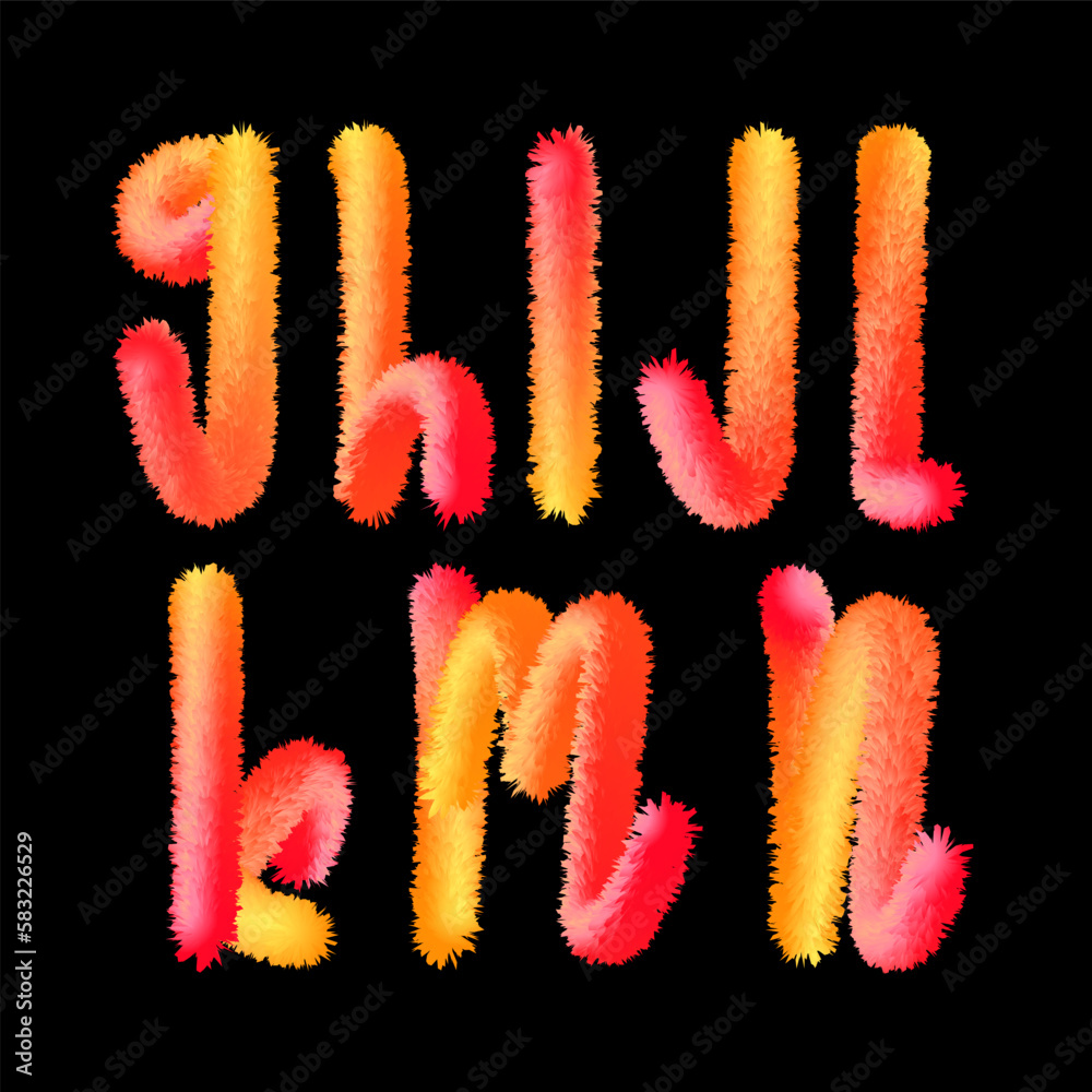 3D fluffy font furry alphabet, fuzzy chubby letters G, H, I, J, L, K, M ...