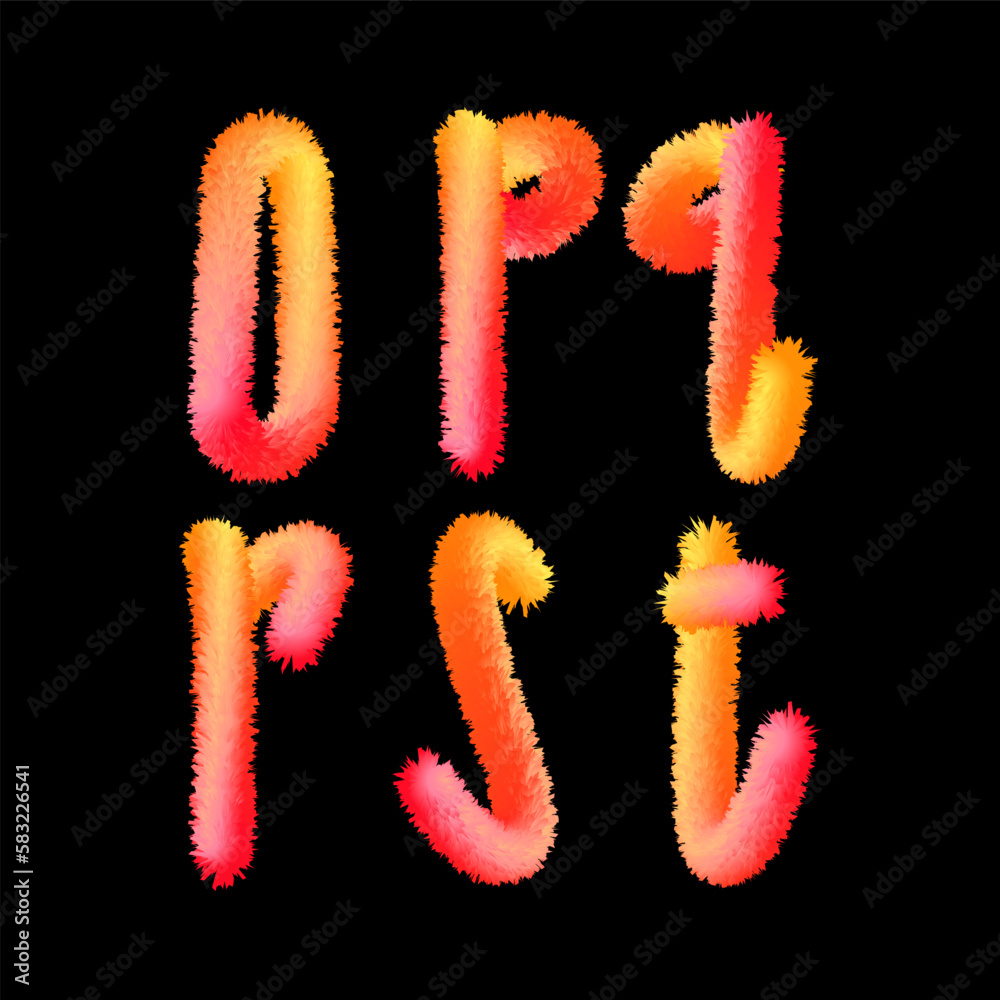 3D fluffy font furry alphabet, fuzzy chubby letters O, P, Q, R, S, T ...