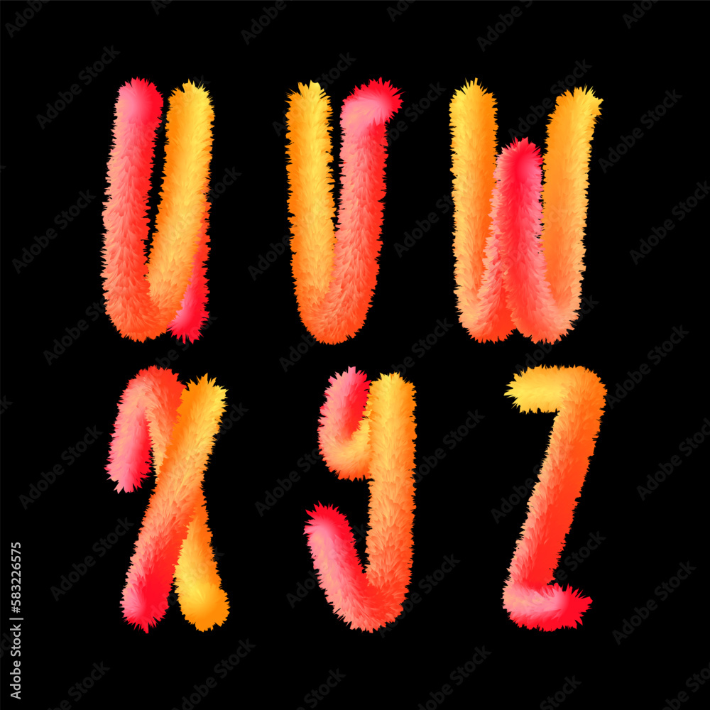 3D fluffy font furry alphabet, fuzzy chubby letters U, V, W, X, Y, Z ...