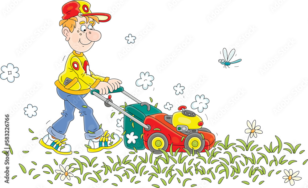 Funny boy lawnmower with a grass-cutter tending his green summer lawn ...