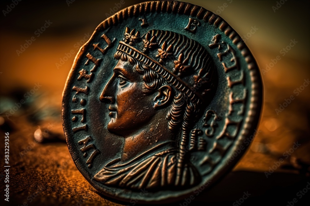 Close-up of a copper coin from the reign of the Roman Emperor ...
