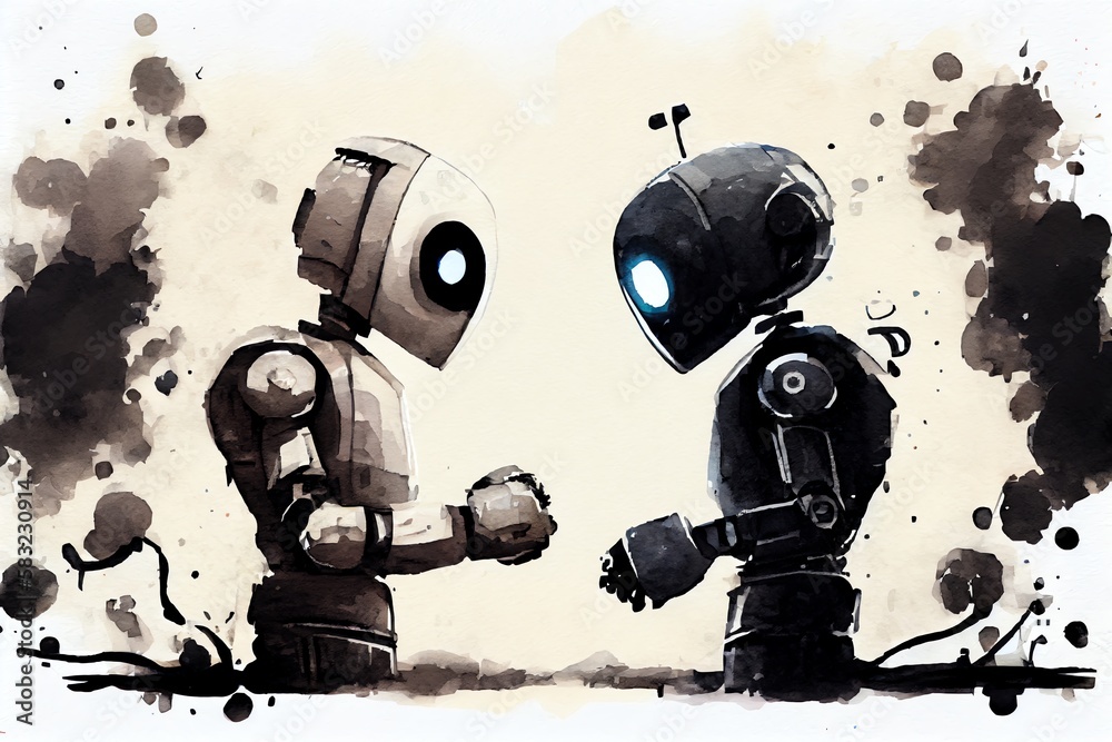 Watercolor Illustration of a Black And White Robots Look At Each Other ...