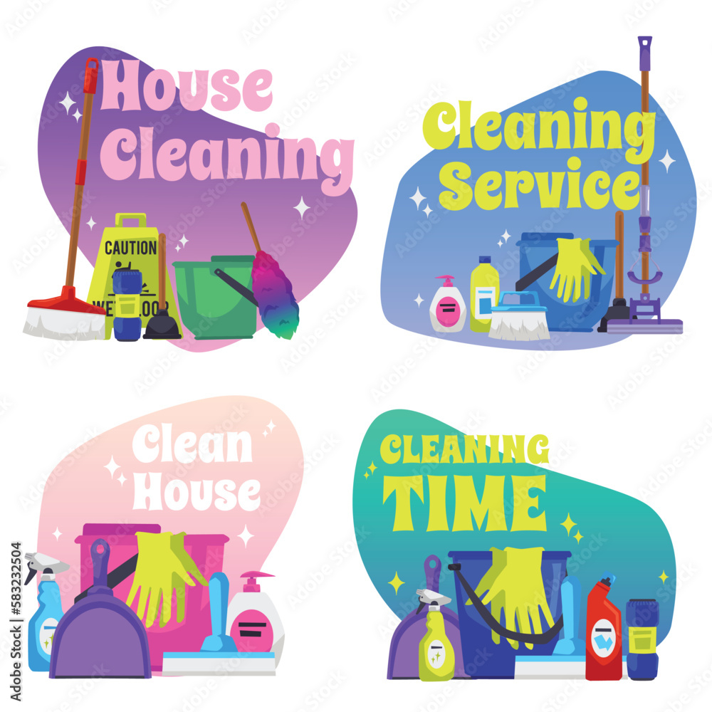 Cleaning service decorative designs collection flat style vector ...