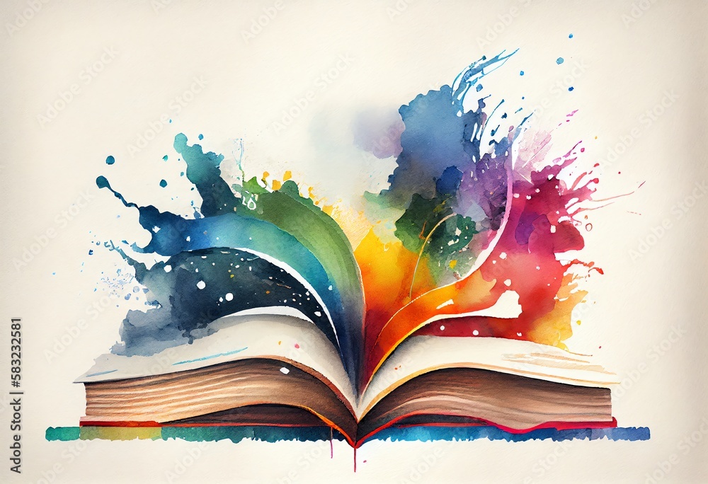 Watercolor Illustration of a Open Book With Colorful Design On Top Of ...