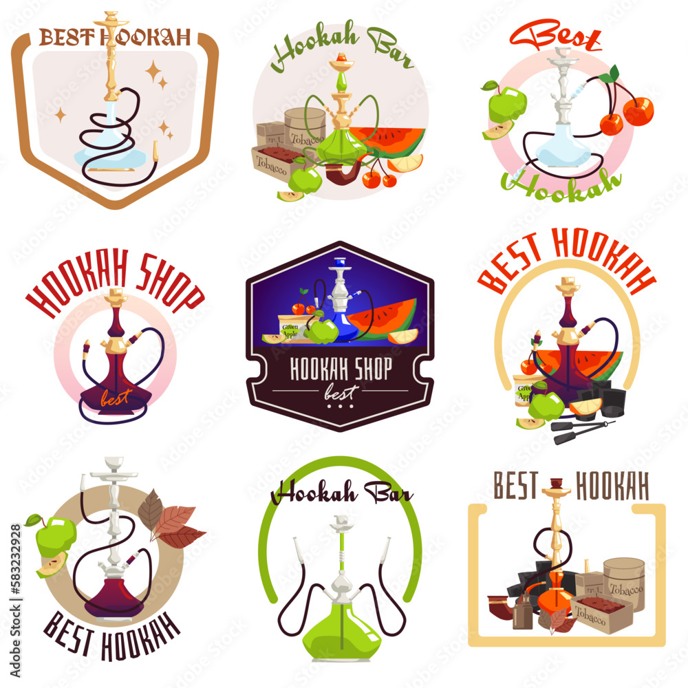 Hookah and shisha bar and shop logos set, flat vector illustration ...