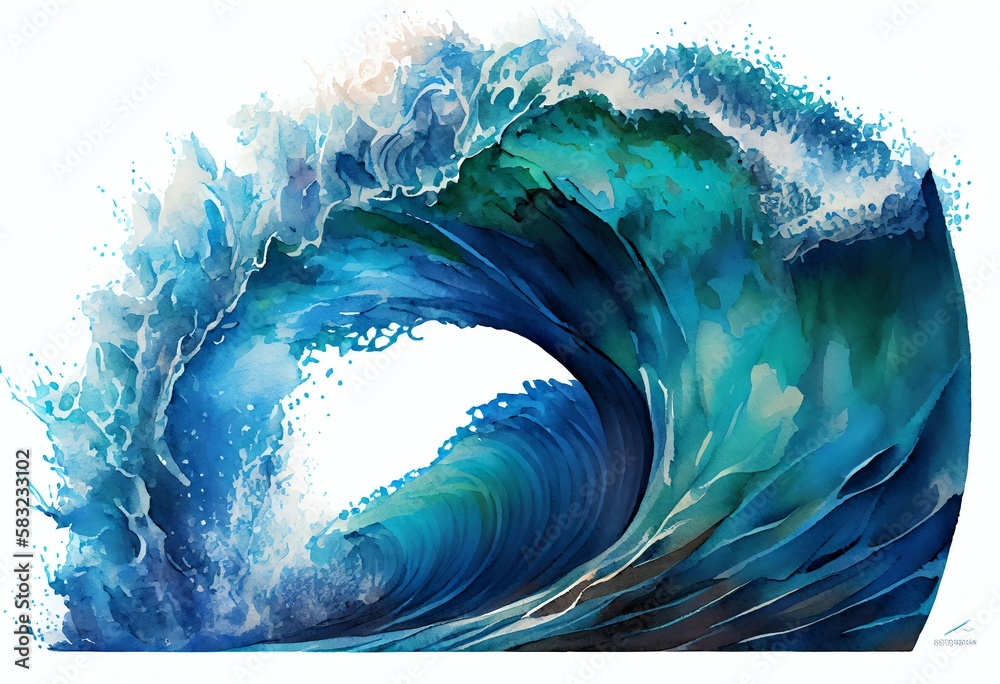 Watercolor Illustration of a Tropical Blue Surfing Wave. No People ...