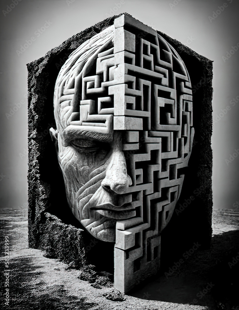 Dark creative artistic portrait of stone sculpture of a human head with ...