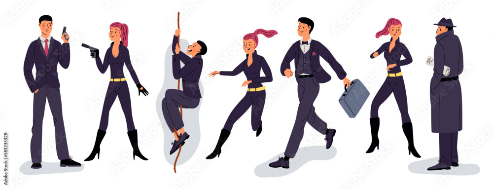 Spy secret agents. Superheroes people. Man and woman investigators ...