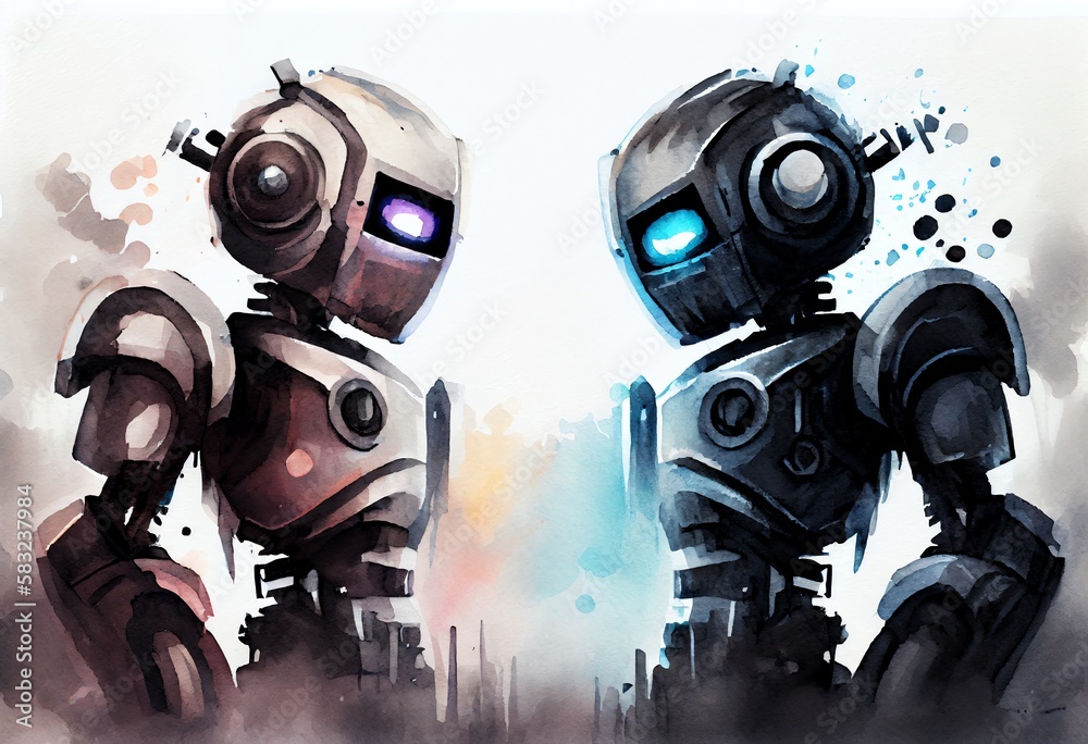 Watercolor Illustration of a Black And White Robots Look At Each Other ...