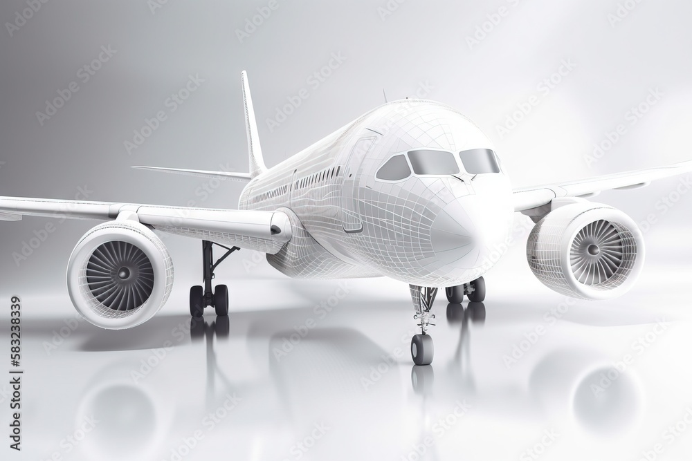 a white airplane is shown on a white background with a reflection of ...
