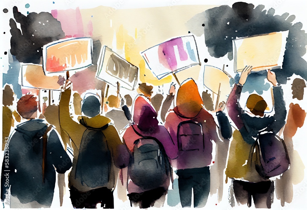 Watercolor Illustration of a Group Of People Protesting And Holding ...