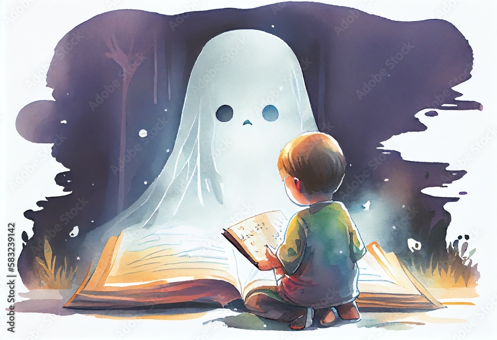 Watercolor Illustration of a Kids Reading Ghost Story In A Book. Cute ...