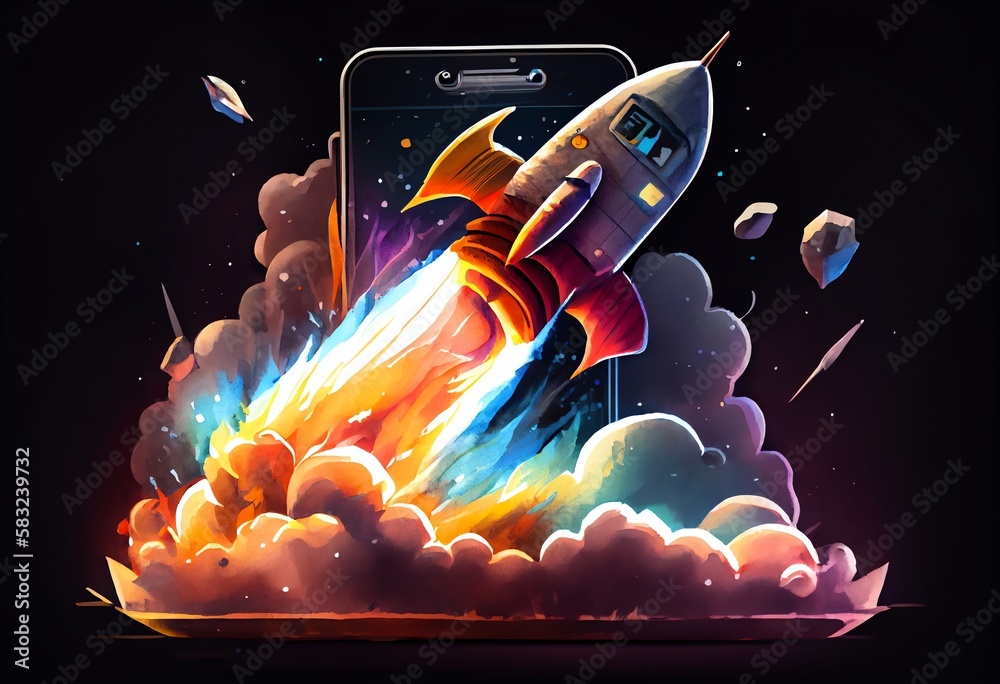 Watercolor Illustration of a 3D, Mobile StartUp Take Off With Rocket ...
