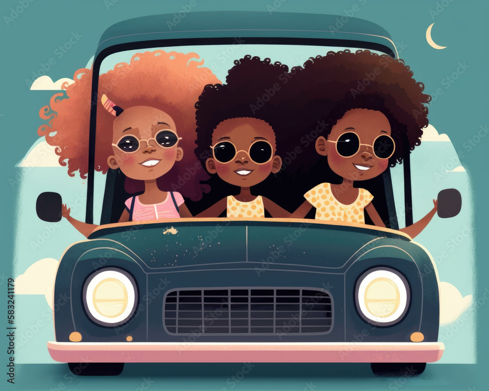 Three happy black kids in a clic car on the way to the beach for a ...