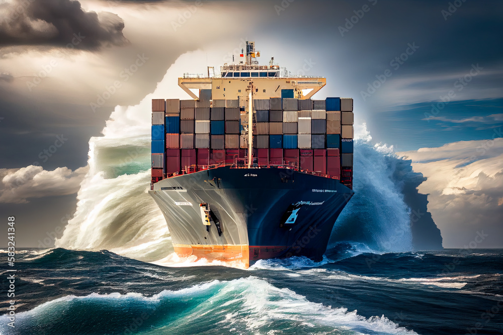 container ship cuts through giant waves. Generative AI, Generative, AI ...