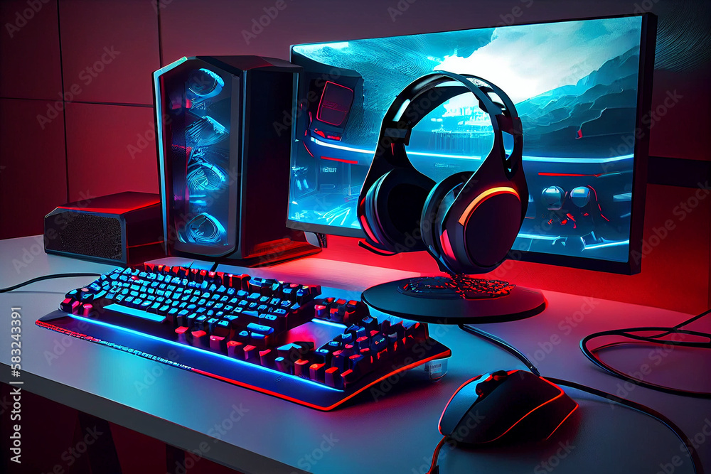 General view of home workplace of pro gamer with professional gaming ...